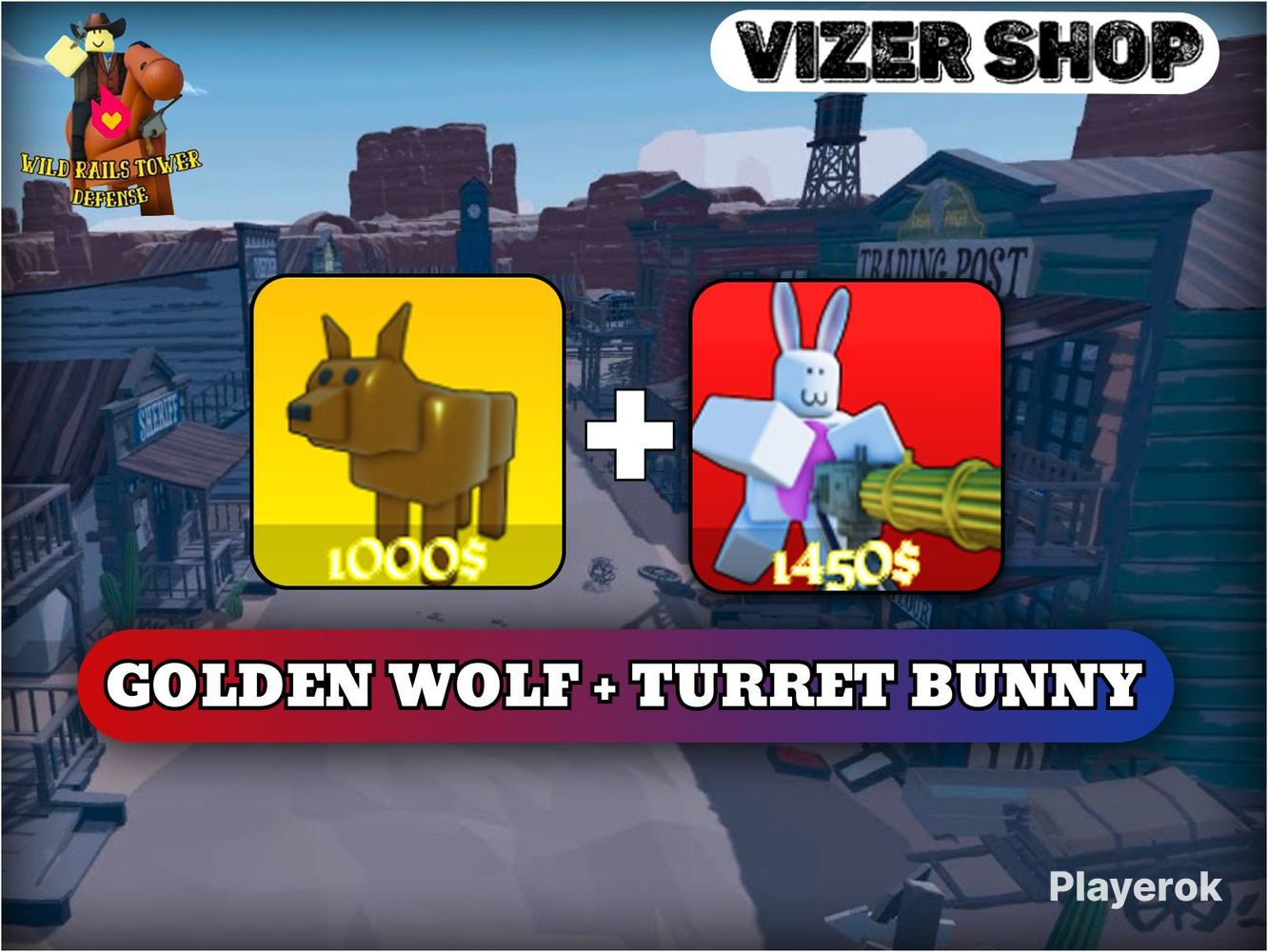 Купить 🏜️GOLDEN WOLF + TURRET BUNNY🏜️Wild Rails Tower Defense🏜️ Roblox ...